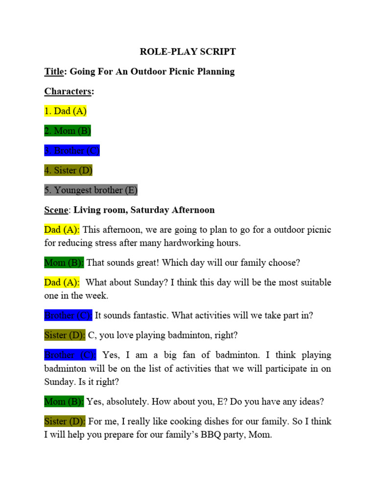 Role-Play Script About Going For An Outdoor Picnic Planning | PDF