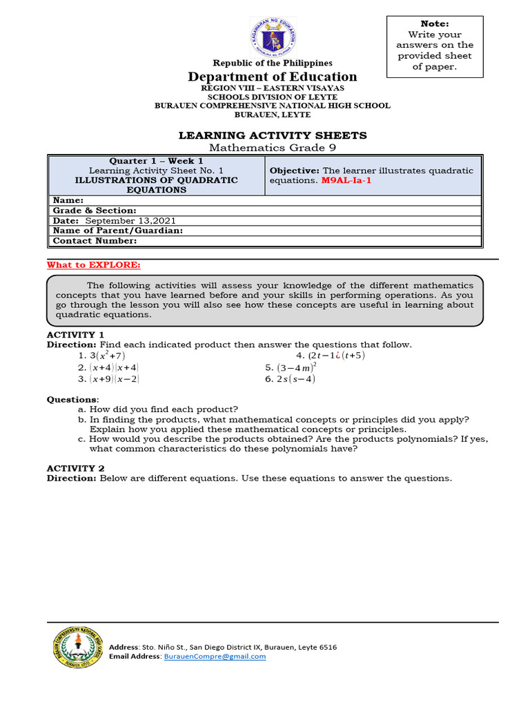 Mathematics 9 LAS Week 1 | PDF | Equations | Quadratic Equation