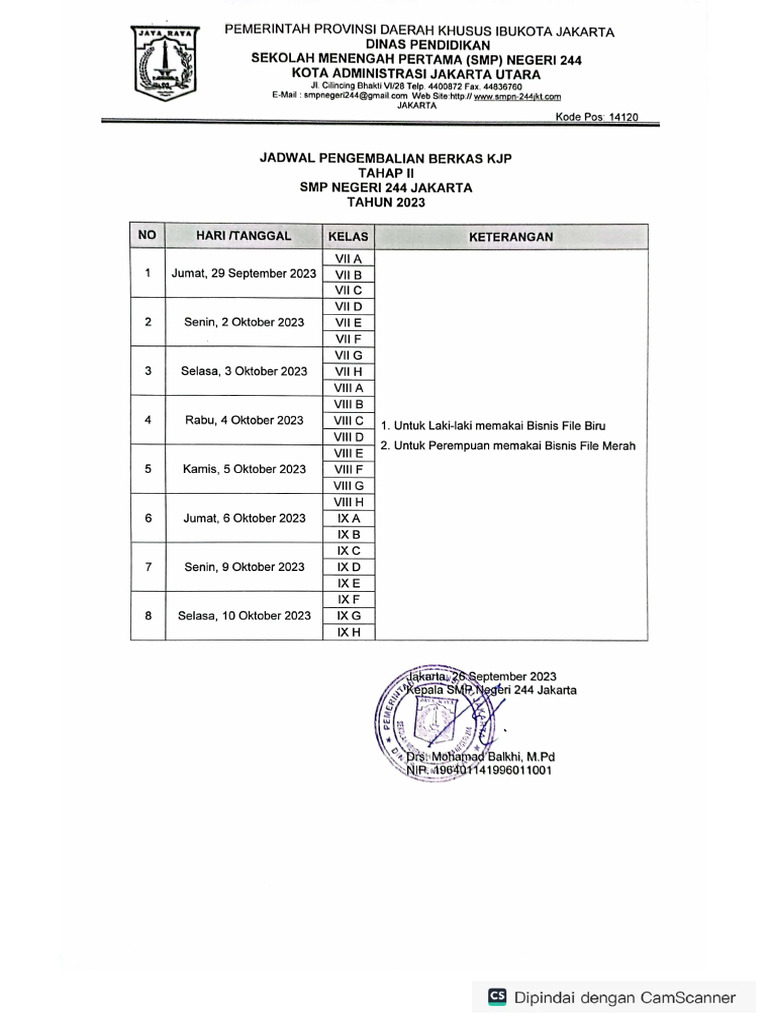 Jadwal Pengembalian Berkas KJP | PDF