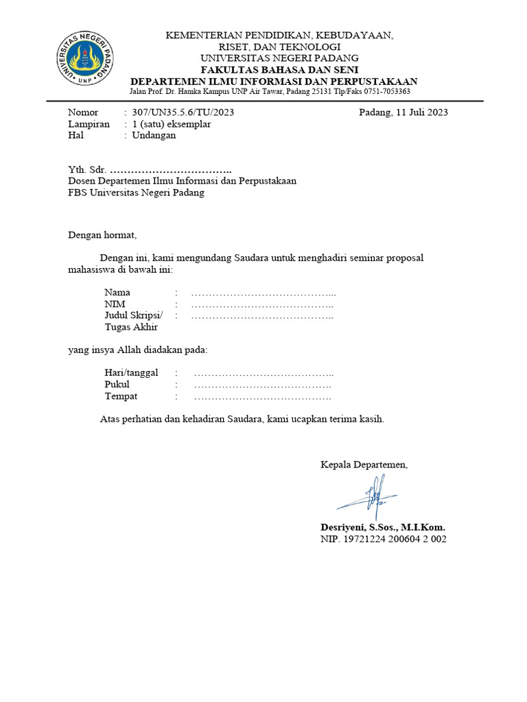 Template Surat Undangan Sempro-2 | PDF