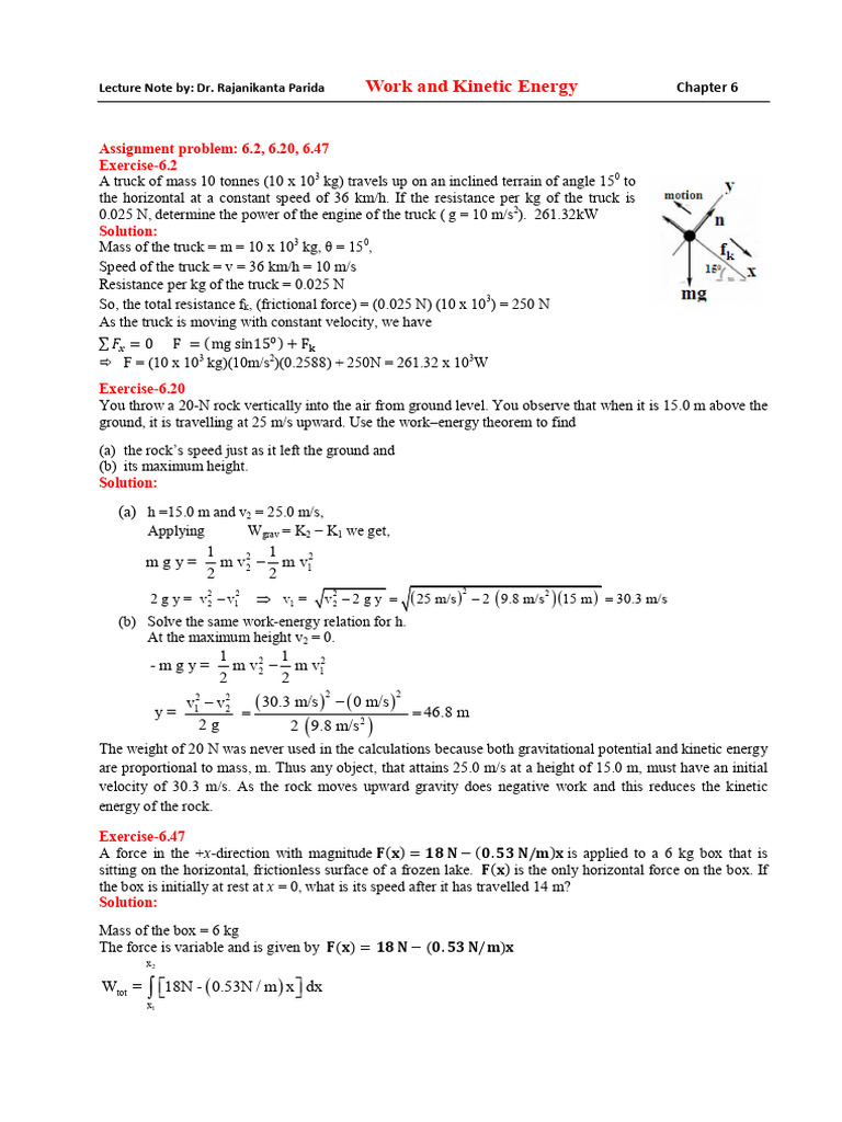 Solution To Assigment Problem - Chapter - 6 - Work and Kinetic Energy - R K Parida | PDF | Force ...