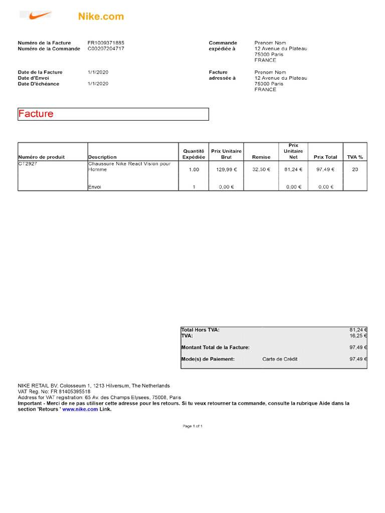 Facture Nike Modifiable | PDF