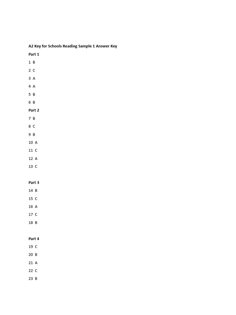 A2 Key For Schools Reading Sample 1 Answer Key | PDF
