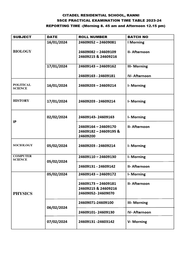 Updated Biology Practical Time Table | PDF