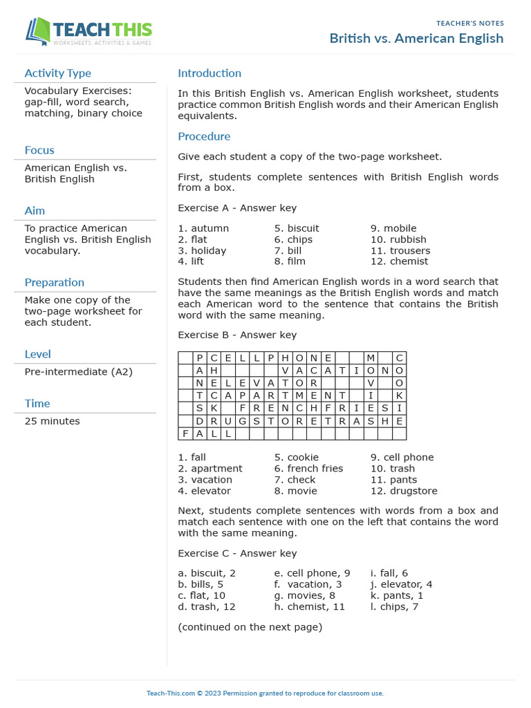 British vs. American English Worksheet | PDF