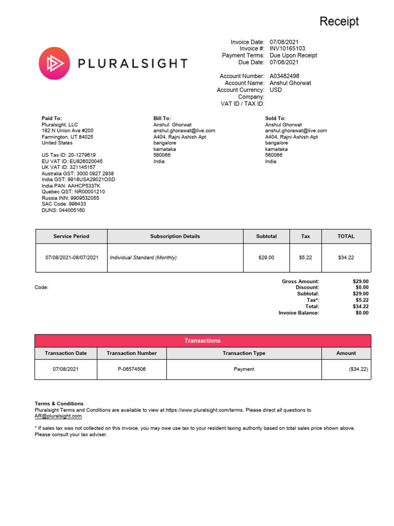Pluralsight Invoice | PDF | Invoice | Value Added Tax