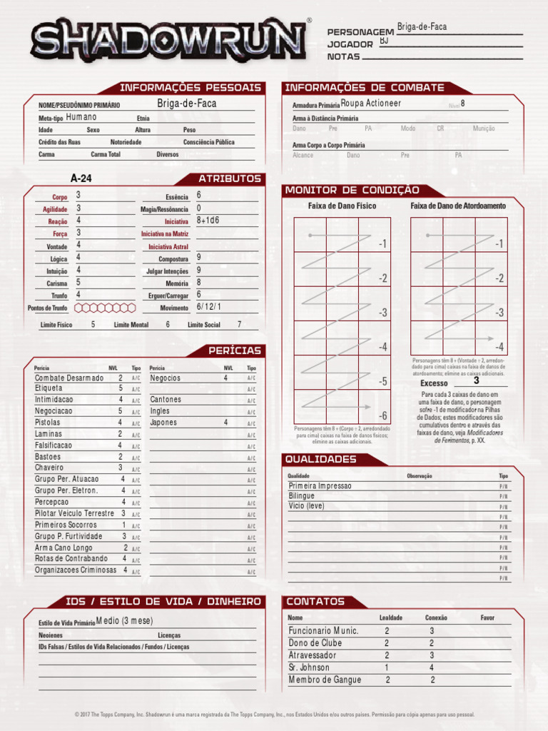 Shadowrun Ficha BrigadeFaca | PDF