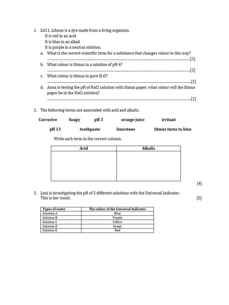 Acid and alkaline quiz | PDF | Ph | Chemistry