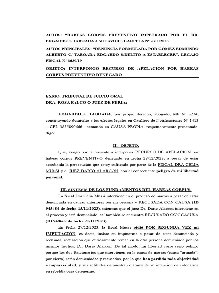 Apelación Habeas Corpus Dr. Taboada | PDF | Fiscal | Judicaturas