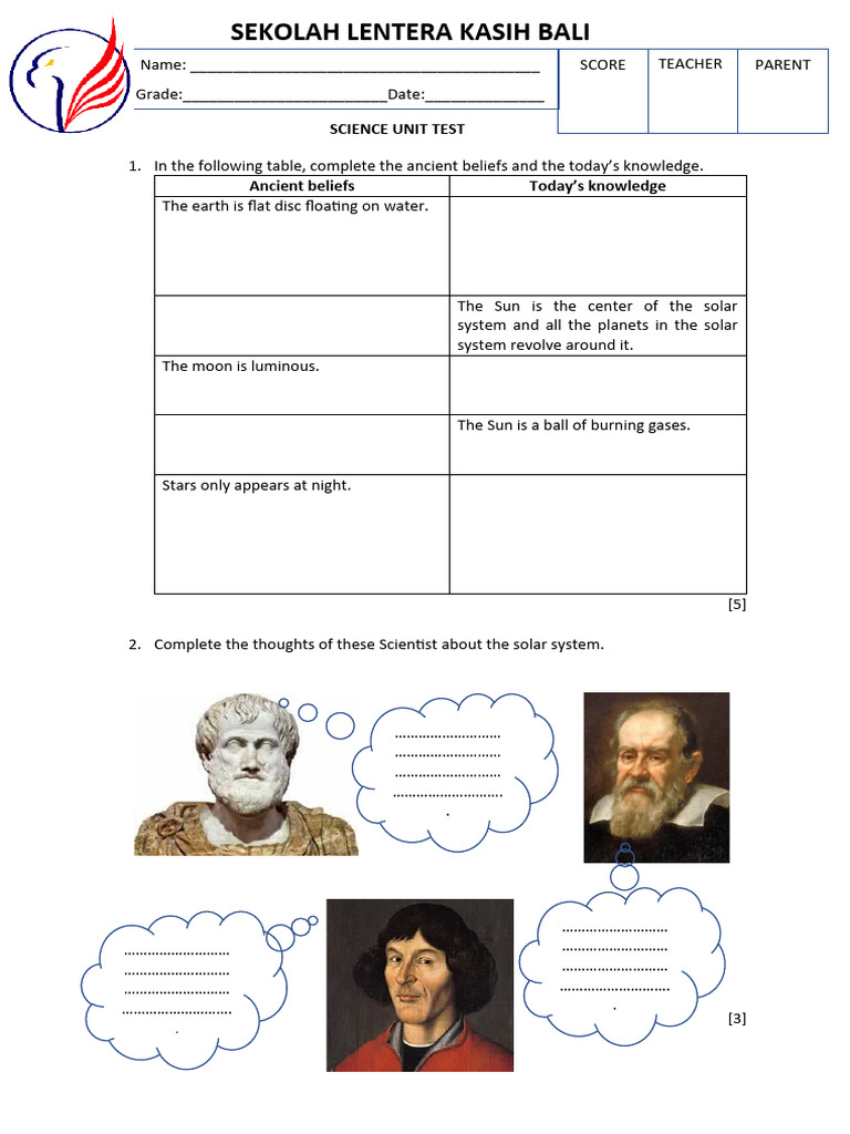 Solar System Unit Test Grade 4 | PDF | Science & Mathematics