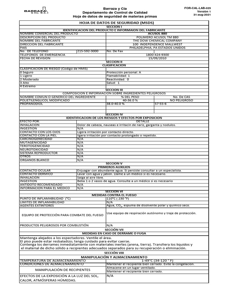 06 Acusol 880 MSDS | PDF | Agua | Concentración