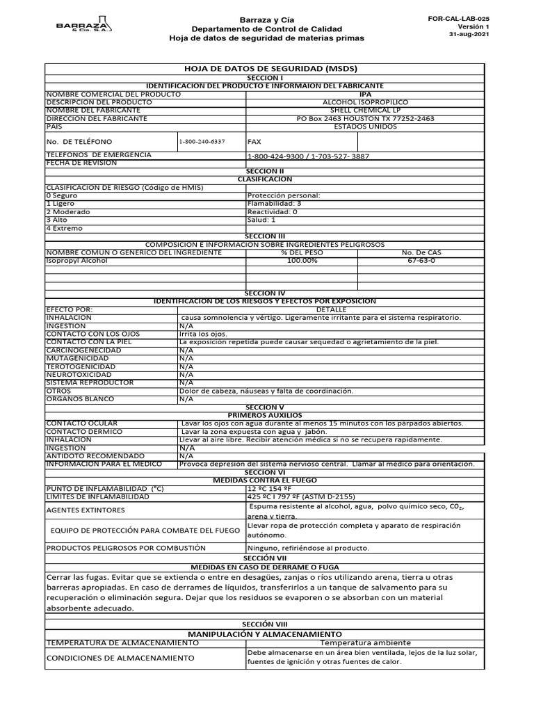 09 Alcohol Isopropilico MSDS | PDF