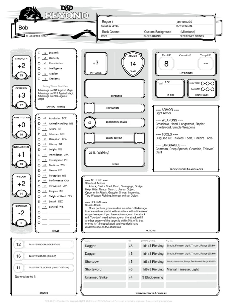 Abee (Rock Gnome - Rogue, Lvl 1) | PDF | Role Playing Games | Dungeons ...