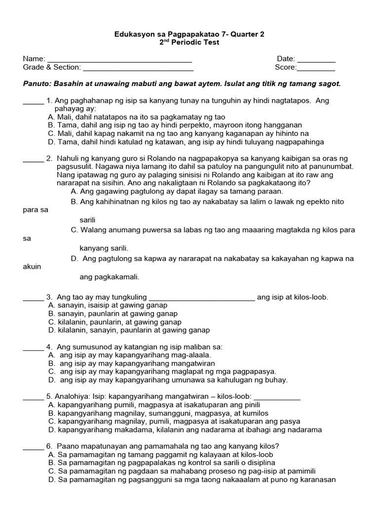 EsP7 Assessment Q2 | PDF