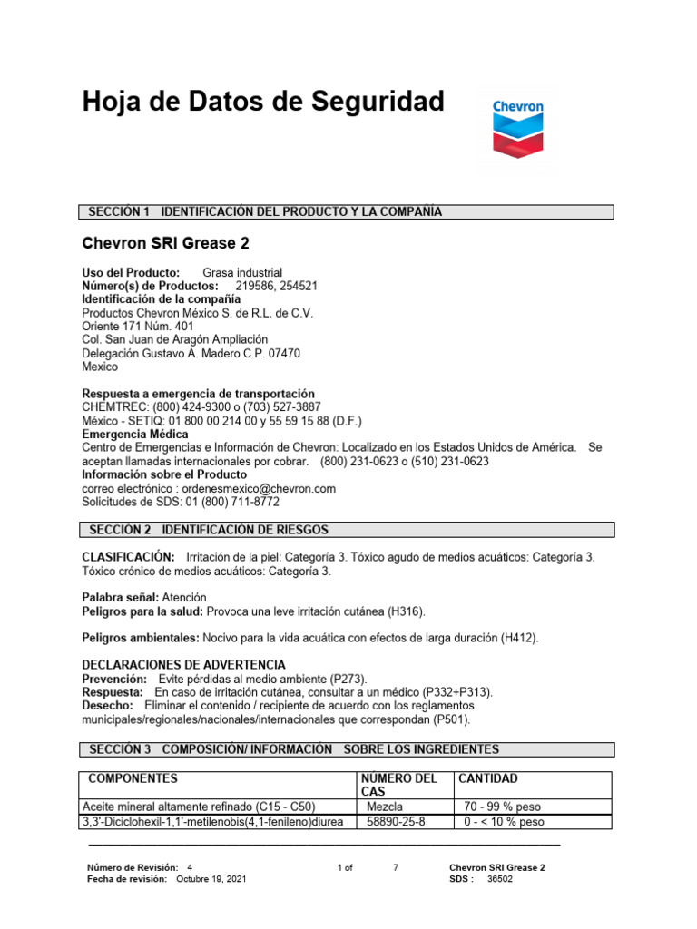Hoja de Seguridad Chevron SRI Grease 2 | PDF | Seguridad y salud ...