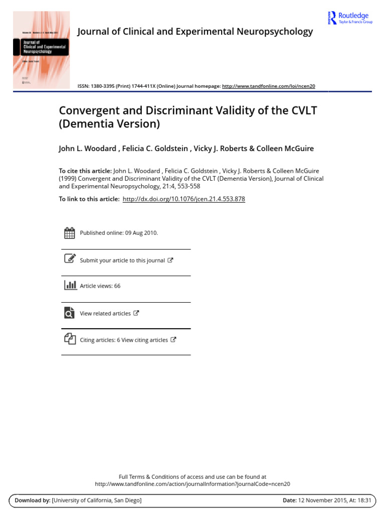 Convergent And Discriminant Validity Of The Cvlt Dementia Version Pdf Cognition