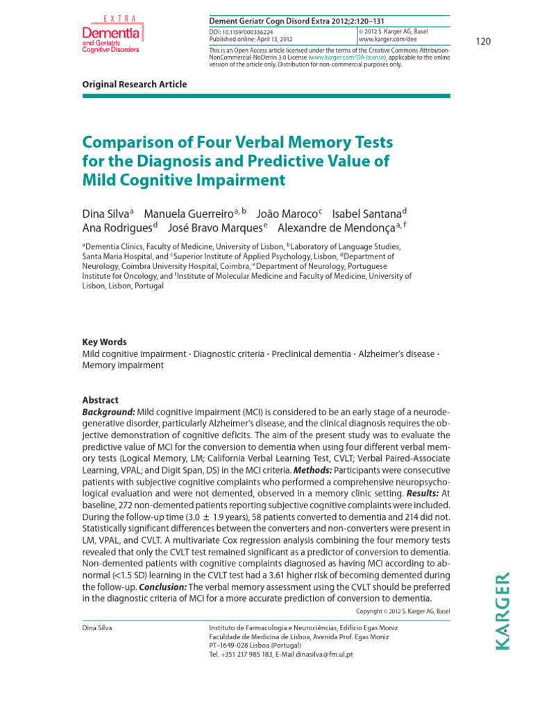 Comparison of Four Verbal Memory Tests For The Diagnosis and Predictive ...