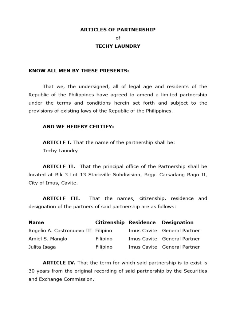ARTICLES OF PARTNERSHIP | PDF