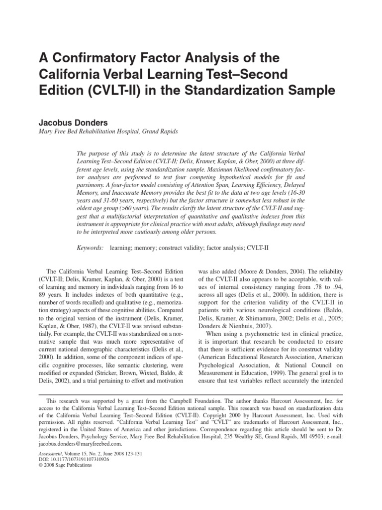 A Confirmatory Factor Analysis of The California Verbal Learning Test ...
