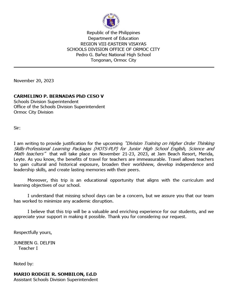 justification-Letter-for-HOTS-PLP | PDF