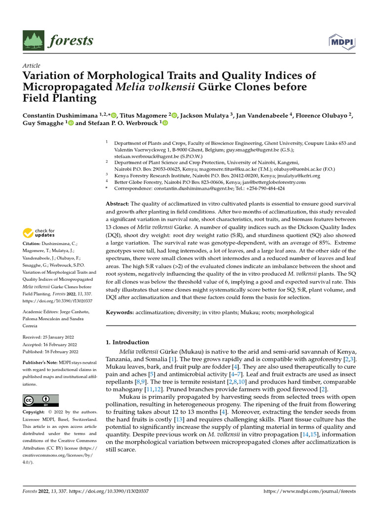 Variation of Morphological Traits and Quality Indices of Micropropagated Melia Volkensii Gürke ...