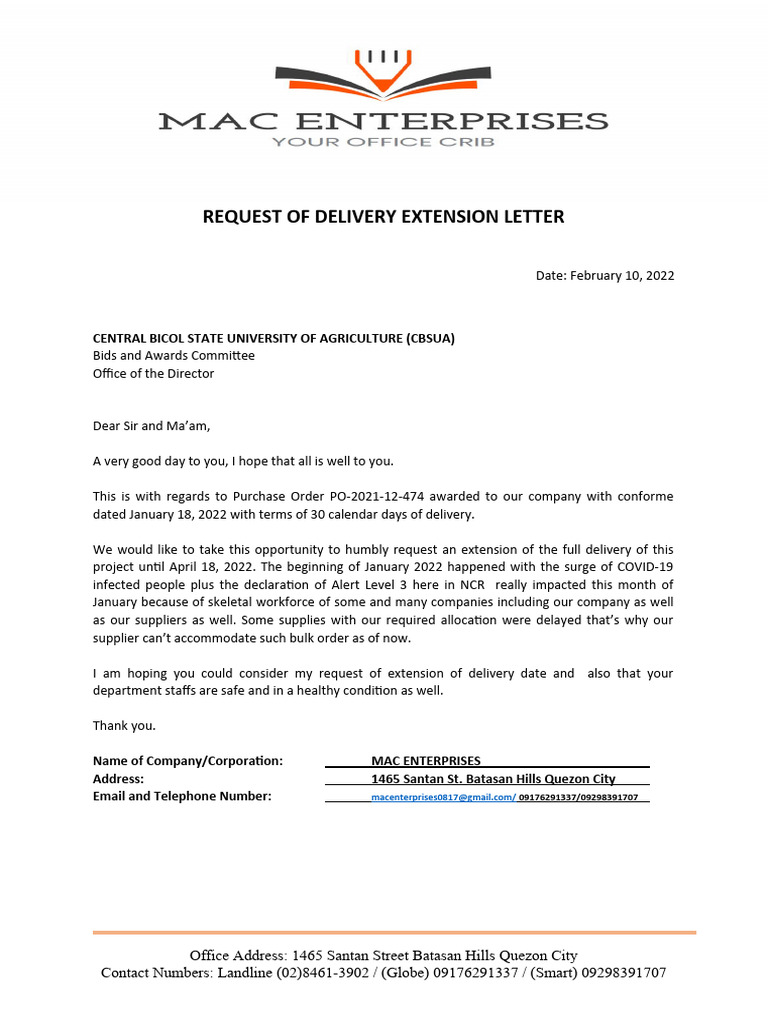 Letter of Extention of Delivery | PDF