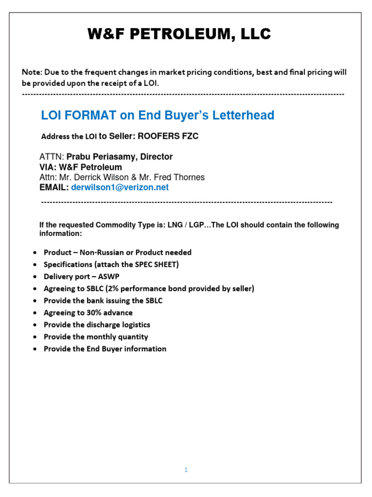 LOI Format for LNG/LGP Transactions | PDF | Bill Of Lading | Cargo