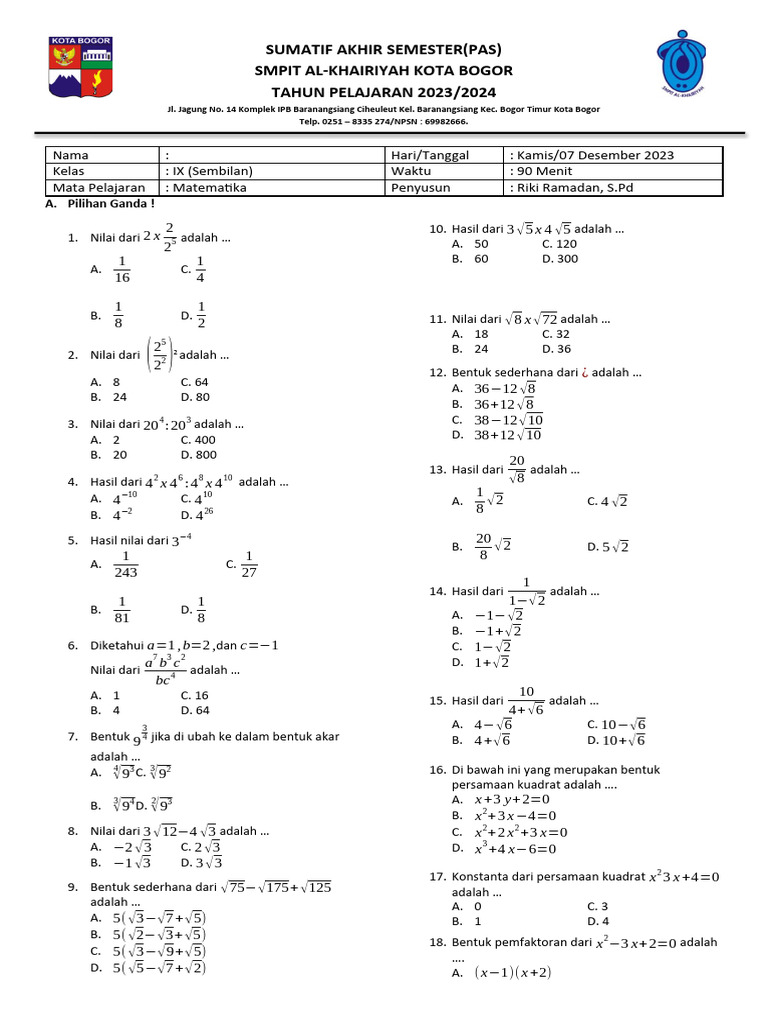 Soal Sas MTK Kelas 9 23-24 | PDF