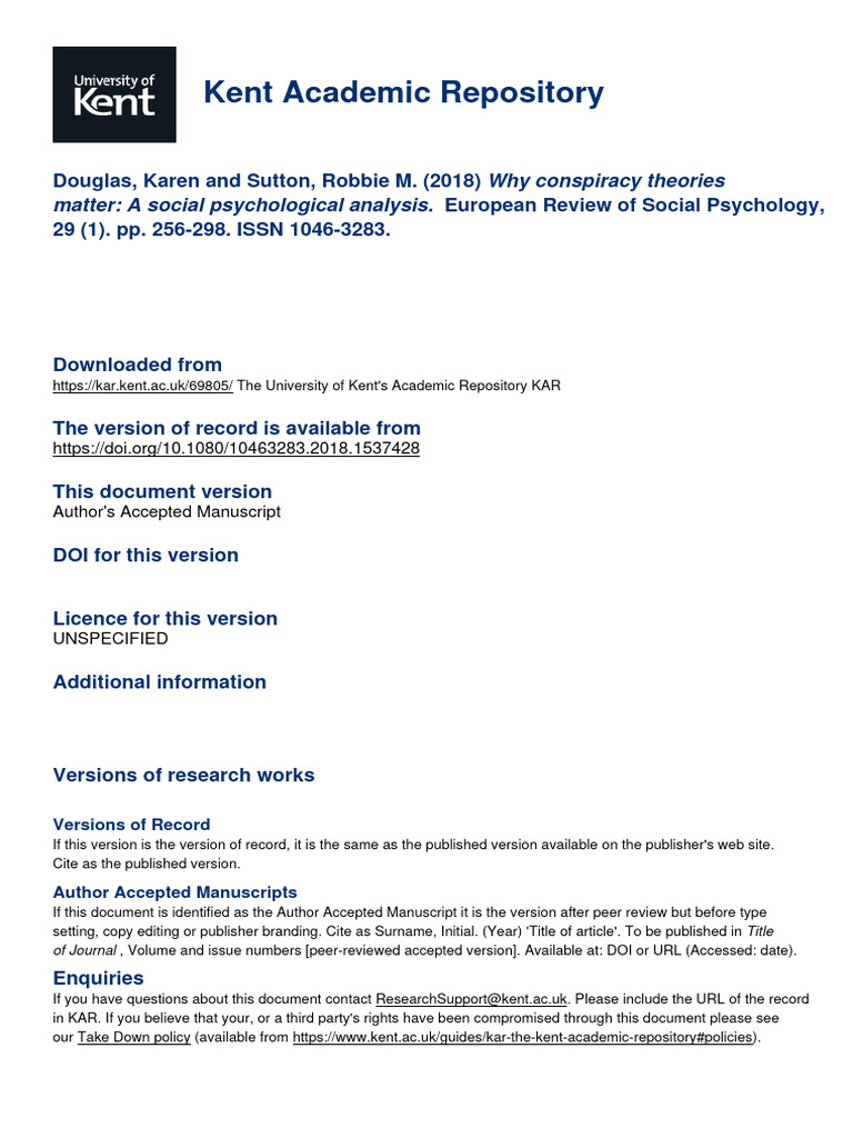 Douglas, Karen and Sutton, Robbie M. (2018) Why Conspiracy Theories ...