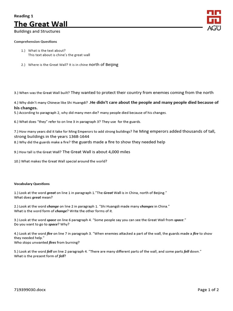 The Great Wall TASKS | PDF