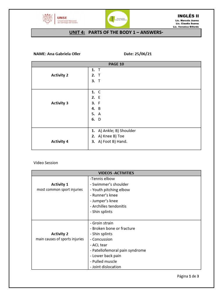 Unit 4 - Parts of The Body 1 - Answers | PDF