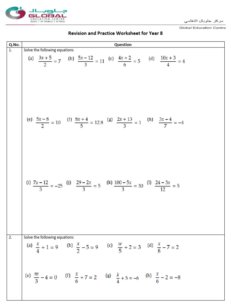 Revision and Practice Worksheet For Year 8 | PDF