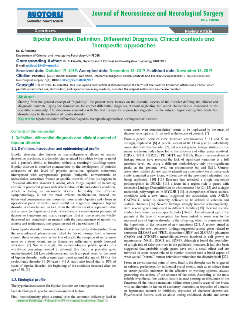 Bipolar Disorder Definition, Differential Diagnosis, Clinical Contexts and Therapeutic ...