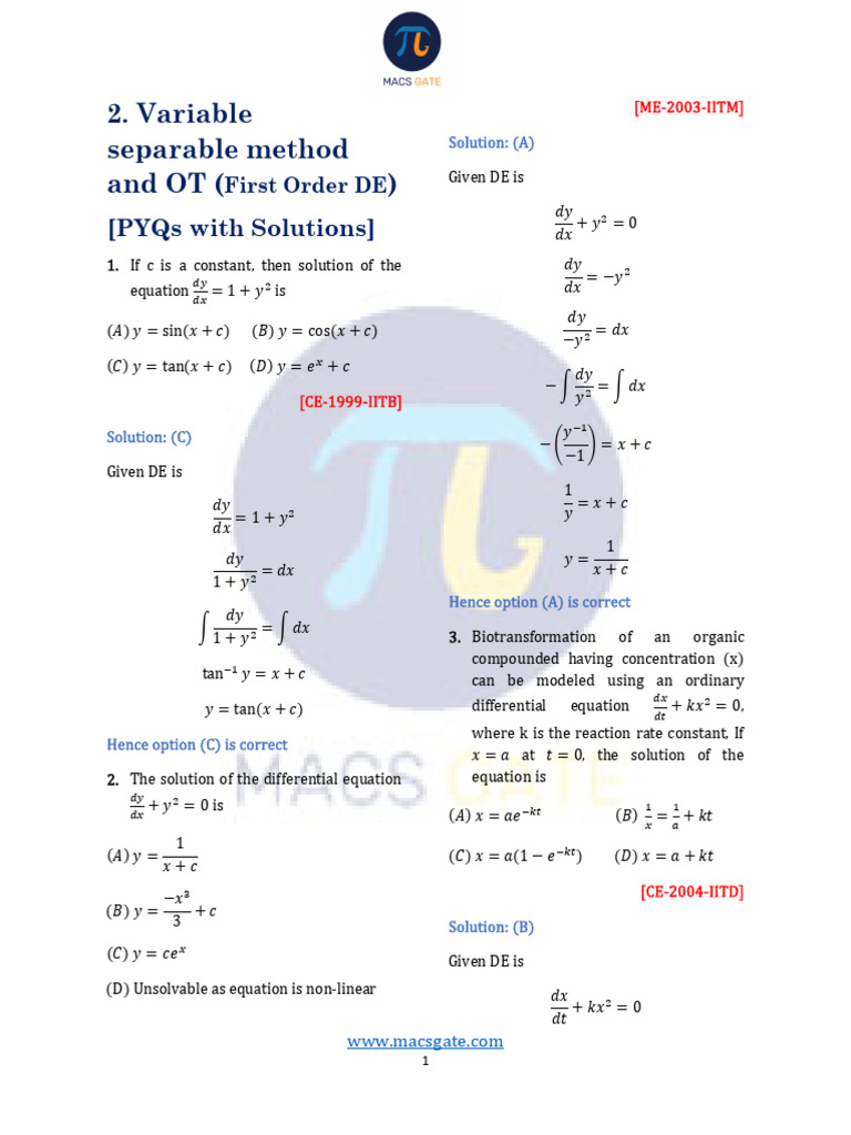DE 02 Variable Separable and OT PYQ Final | PDF