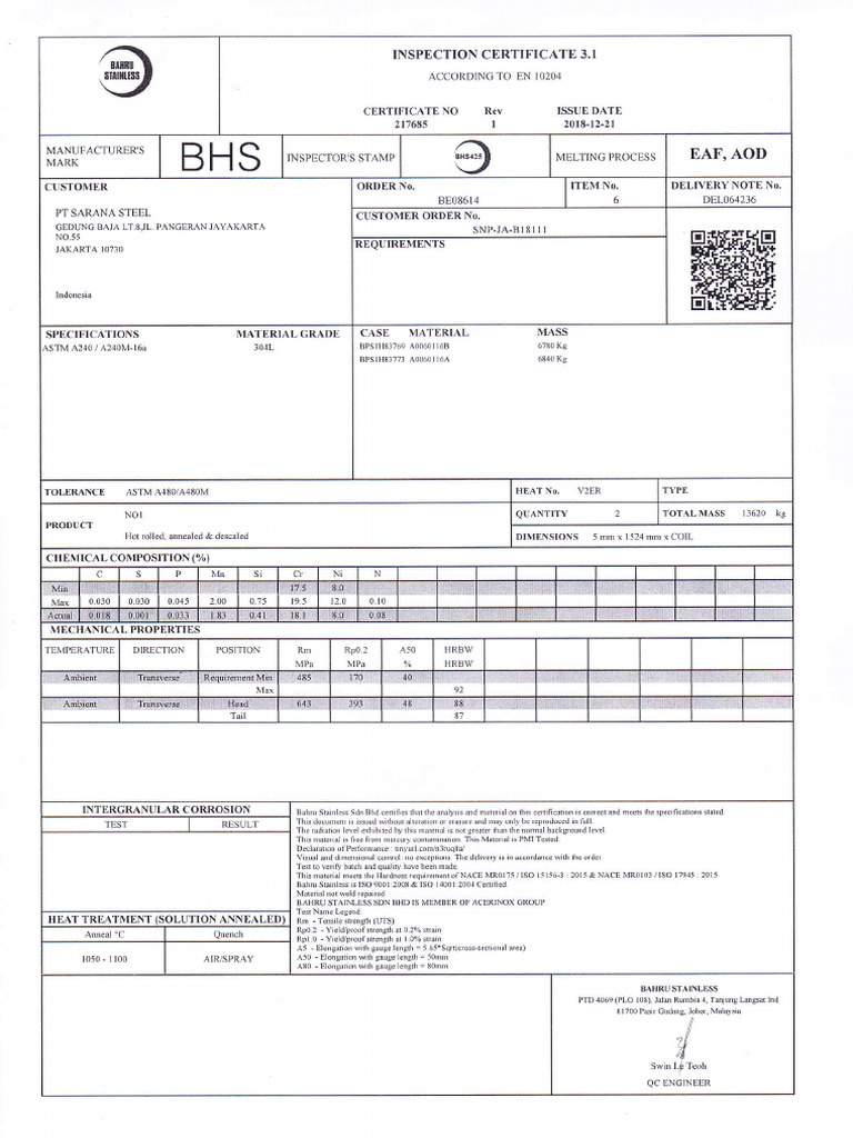 Inspection Certificate for ASTM A210 304L | PDF