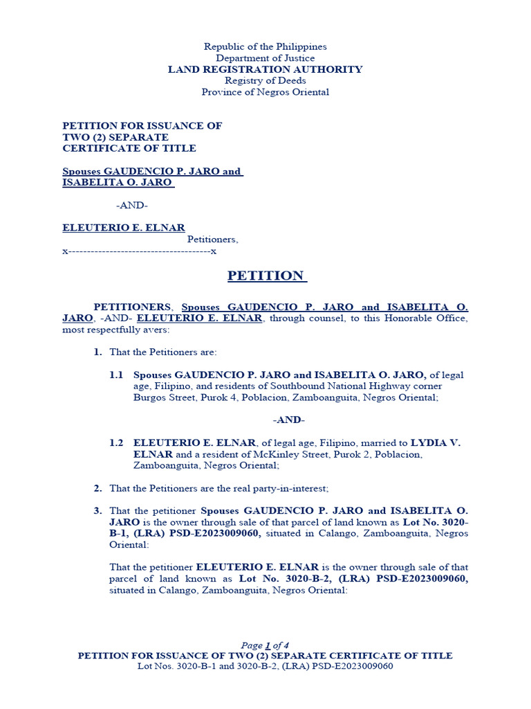 PETITION FOR ISSUANCE OF TWO (2) SEPARATE CERTIFICATES OF TITLE | PDF ...