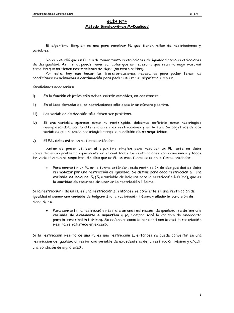 Guía N°4 Simplex - Gran M - Dual - Solucionario | PDF | Programación ...