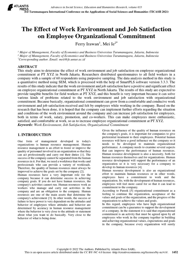 The Effect of Work Environment and Job Satisfaction On Employee Organizational Commitment | PDF
