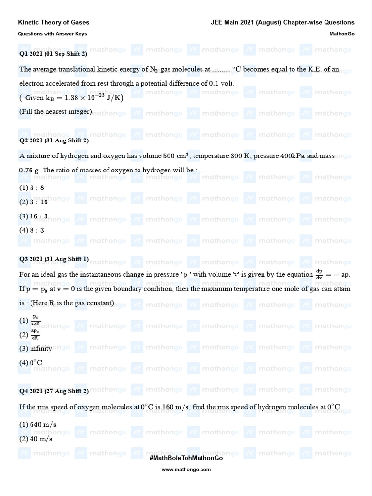 JEE Main 2021: Kinetic Theory Questions | PDF | Gases | Mole (Unit)