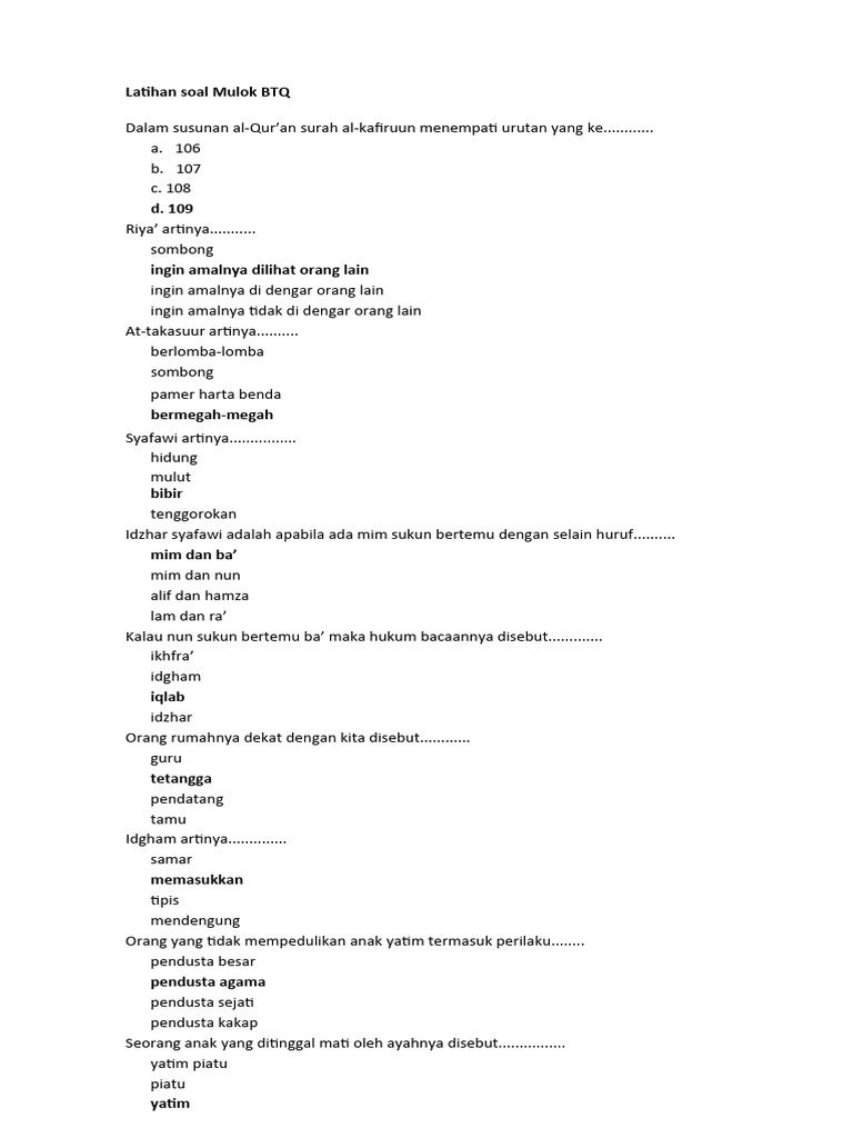 Latihan Soal Mulok BTQ | PDF