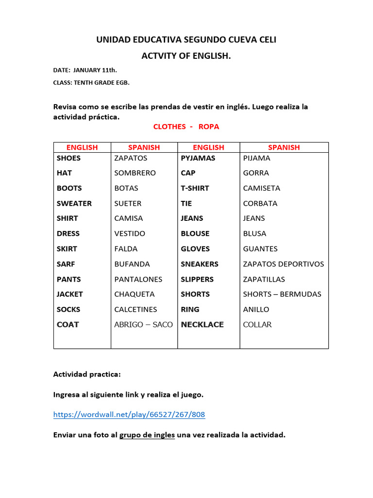 Actividad de Ingles 10mo Egb | PDF