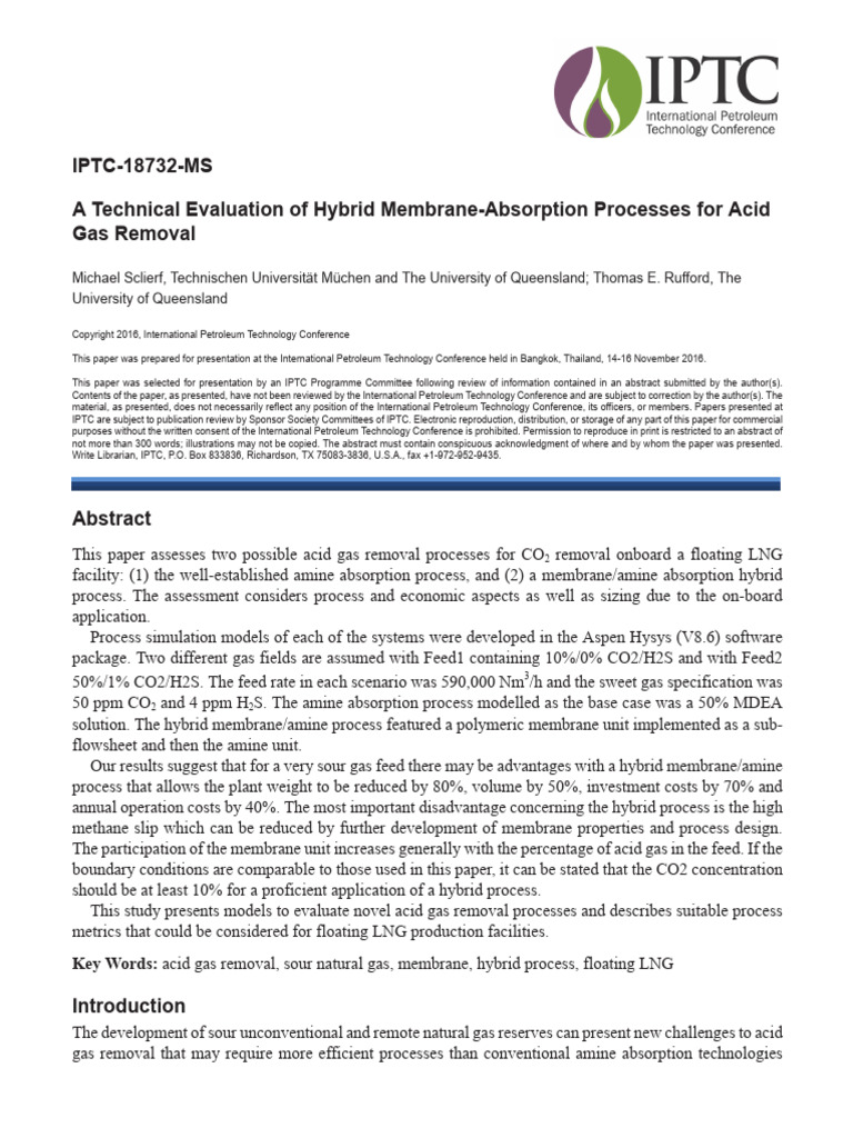 A Technical Evaluation of Hybrid Membrane-Absorption Processes For Acid Gas Removal | Download ...