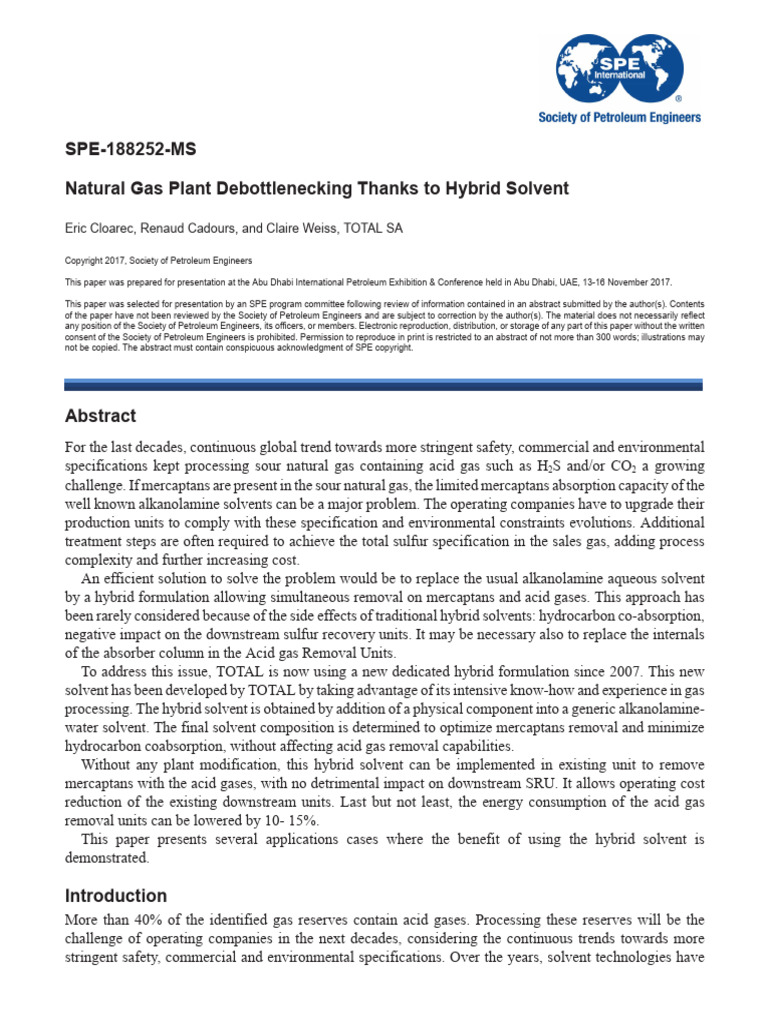 Natural Gas Plant Debottlenecking Thanks To Hybrid Solvent | PDF ...