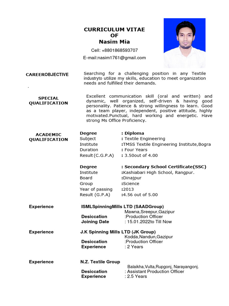 CV of MD Nasim Mia | PDF
