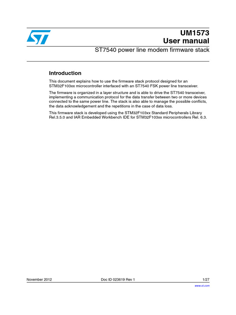 Um1573 st7540 Power Line Modem Firmware Stack Stmicroelectronics | PDF ...