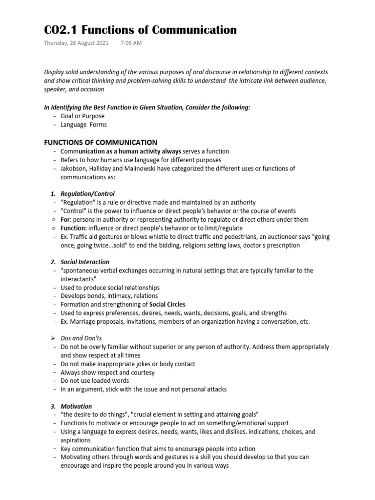 ENG01 CO2 Functions of Communication Notes | PDF | Communication ...