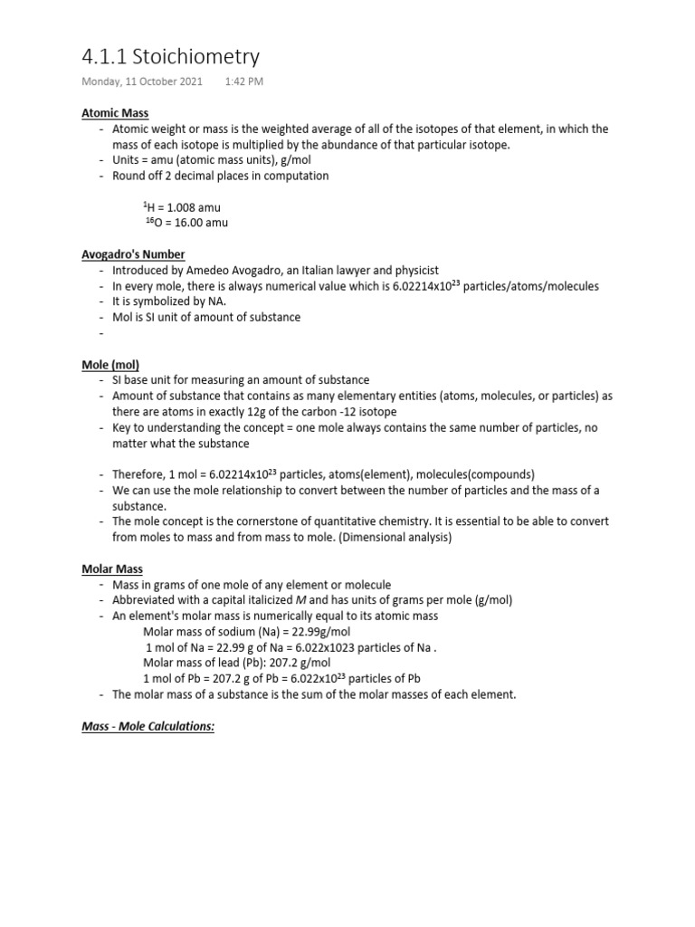 CHM01 Stoichiometry Notes | PDF | Mole (Unit) | Nature