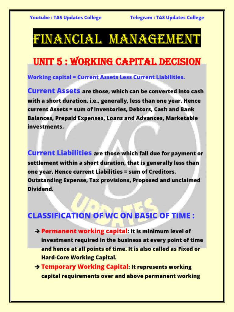 Financial Management Unit 5 Working Capital Decision Semester 3 | PDF