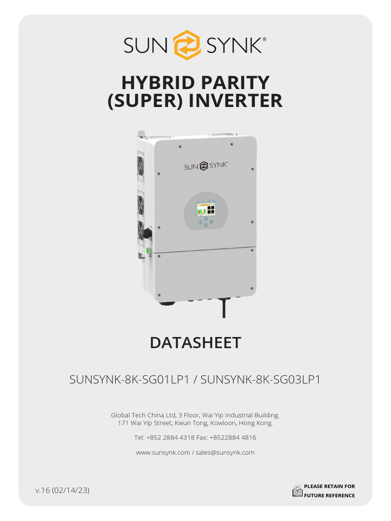 Sunsynk Hybrid Inverter 8kW Datasheet | PDF | Alternating Current | Power Inverter