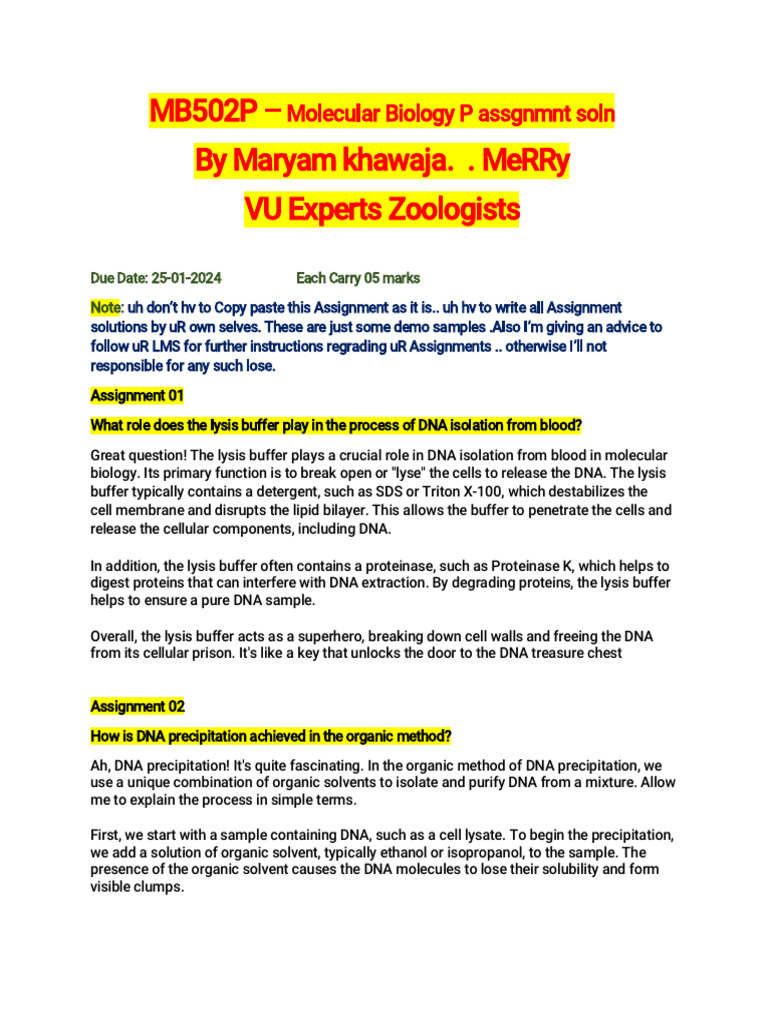 mb502 P Assignments Solution by MeRRy | PDF | Complementary Dna | Primer (Molecular Biology)
